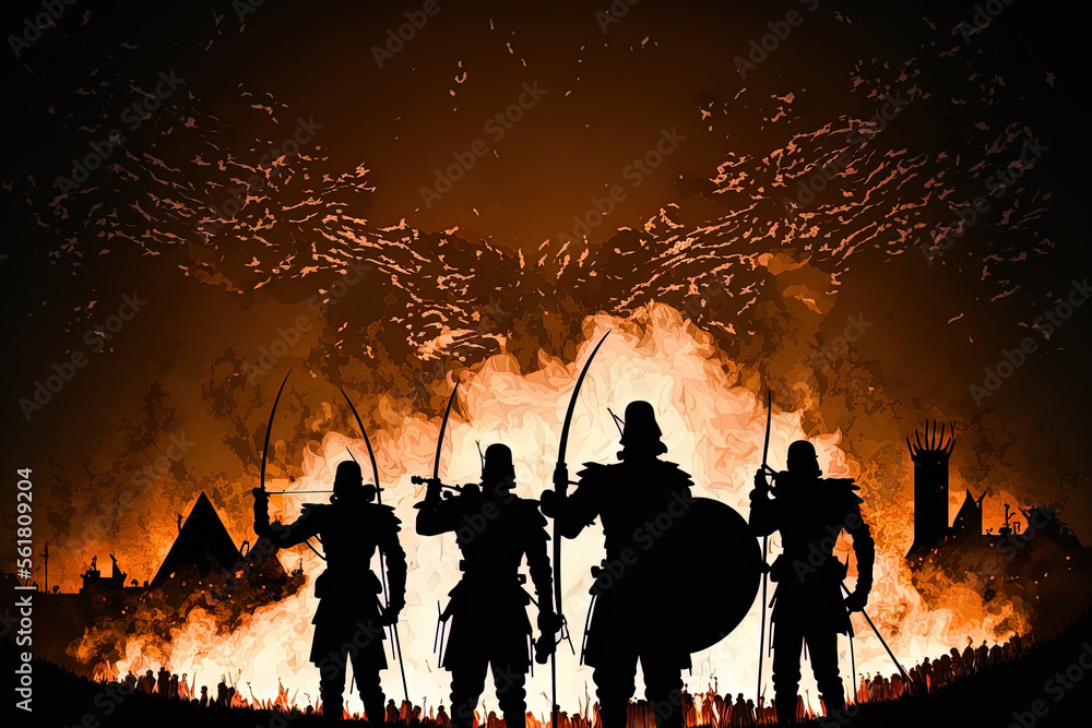 Group of ancient warriors shooting arrows with bows at the battlefield ...