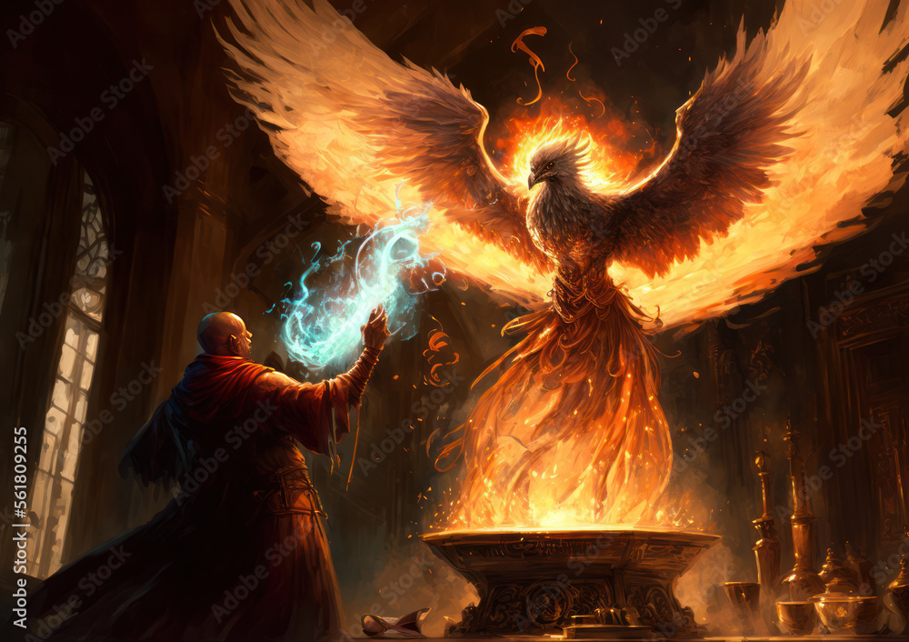 Mage summoning a fiery Pheonix, Fire bird, Fantasy Background, Digital ...