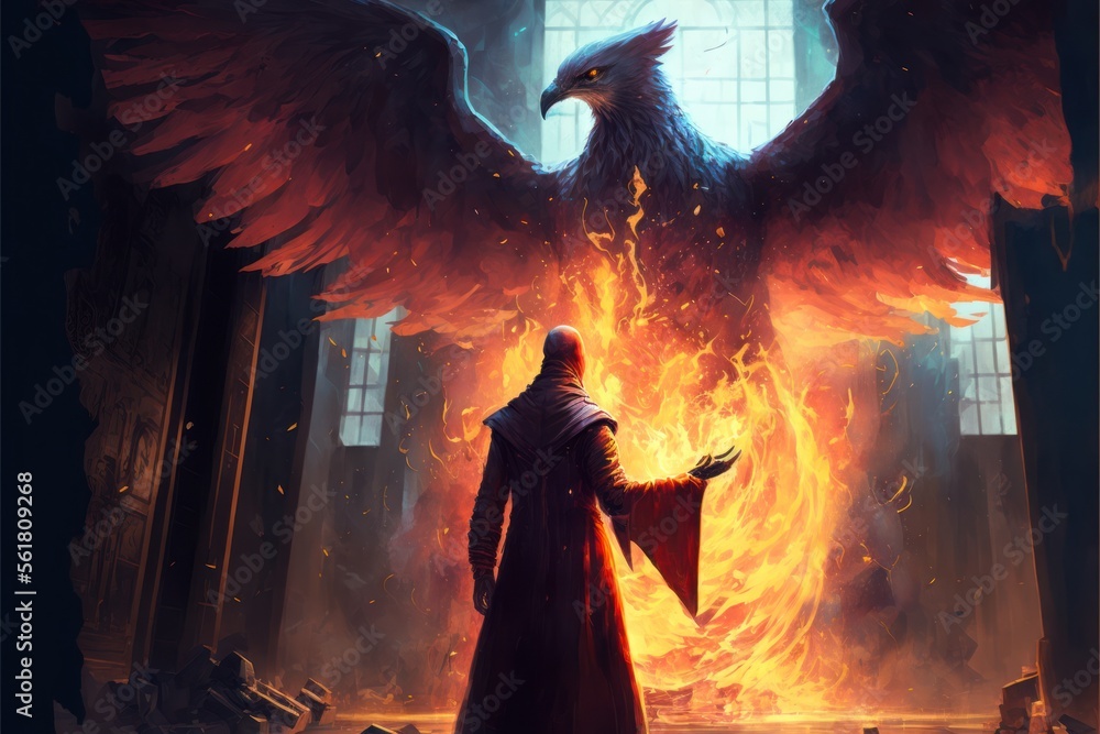 Photo And Art Print Mage Summoning A Fiery Pheonix Fire Bird Fantasy Background Digital