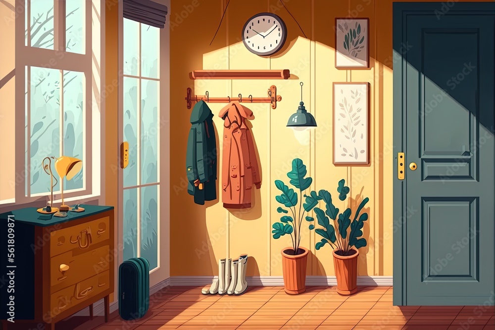 Cartoon image of a contemporary home's hallway, complete with wooden ...