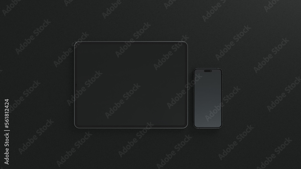 Black tablet and smartphone on dark background. Apple devices, iPad Pro ...