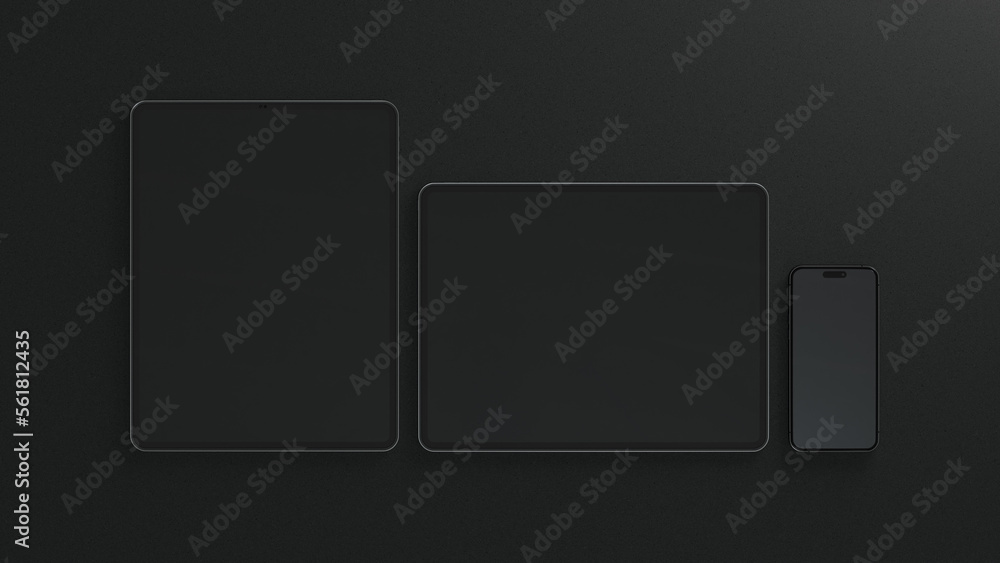 Black Apple iPad Pro M2 tablet and iPhone 14 Pro Max with portrait and ...