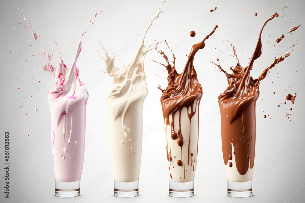 collection of milk shake splashes, isolated on a white background ...
