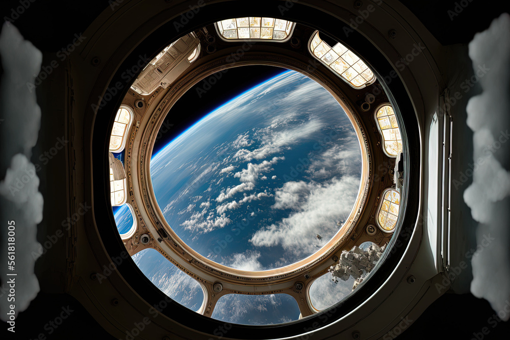 Earth seen through a window from a space station, with NASA providing ...