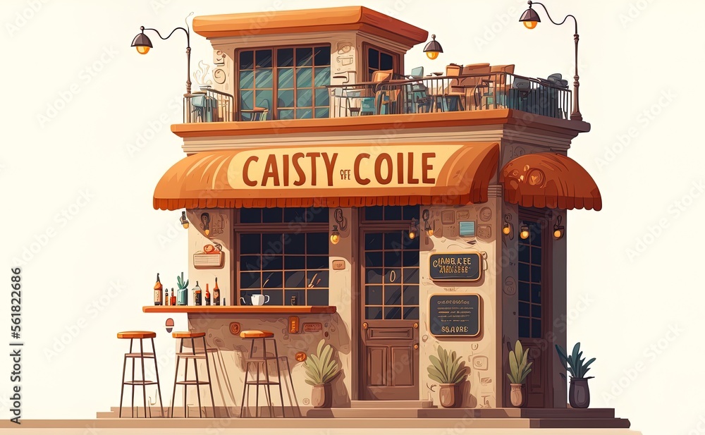Cartoon depiction shows the façade of a city cafe or coffee shop ...