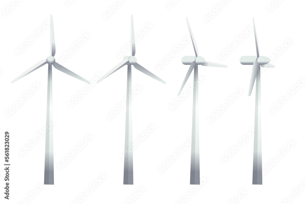 Wind generator tower set in different angles. Wind turbines isolated on ...