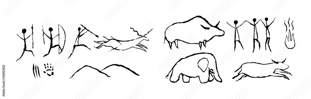 Rock primitive painting of hunting. Prehistoric animal and aboriginal ...