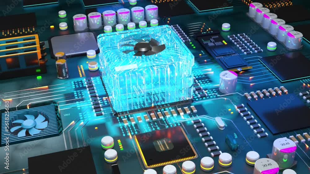 electronic background Animated 3D motherboard, illumination 4K ...