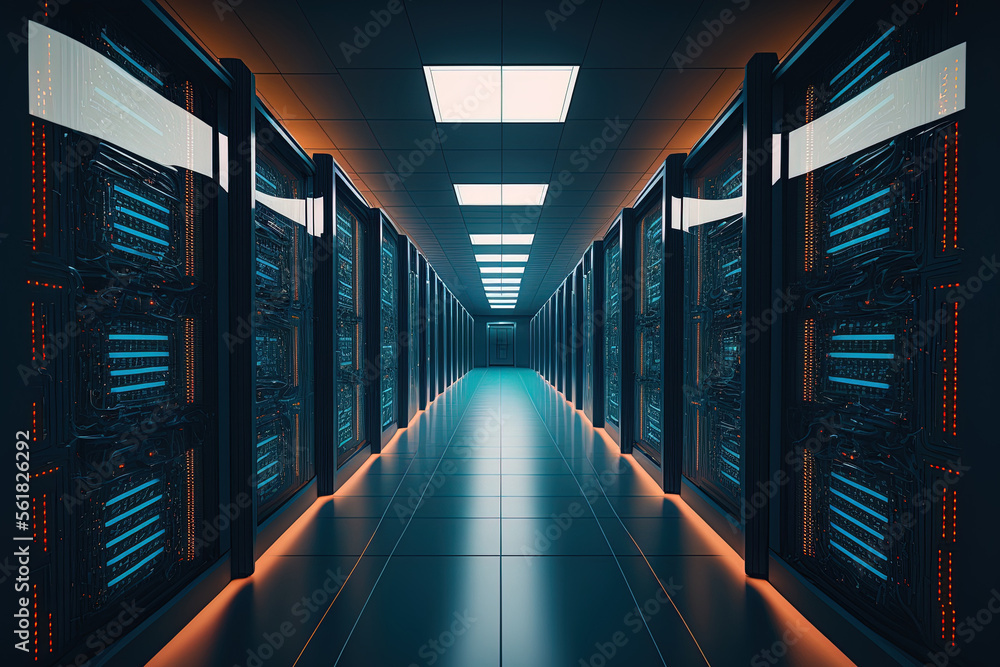 Photograph of a corridor in a working data center filled with ...