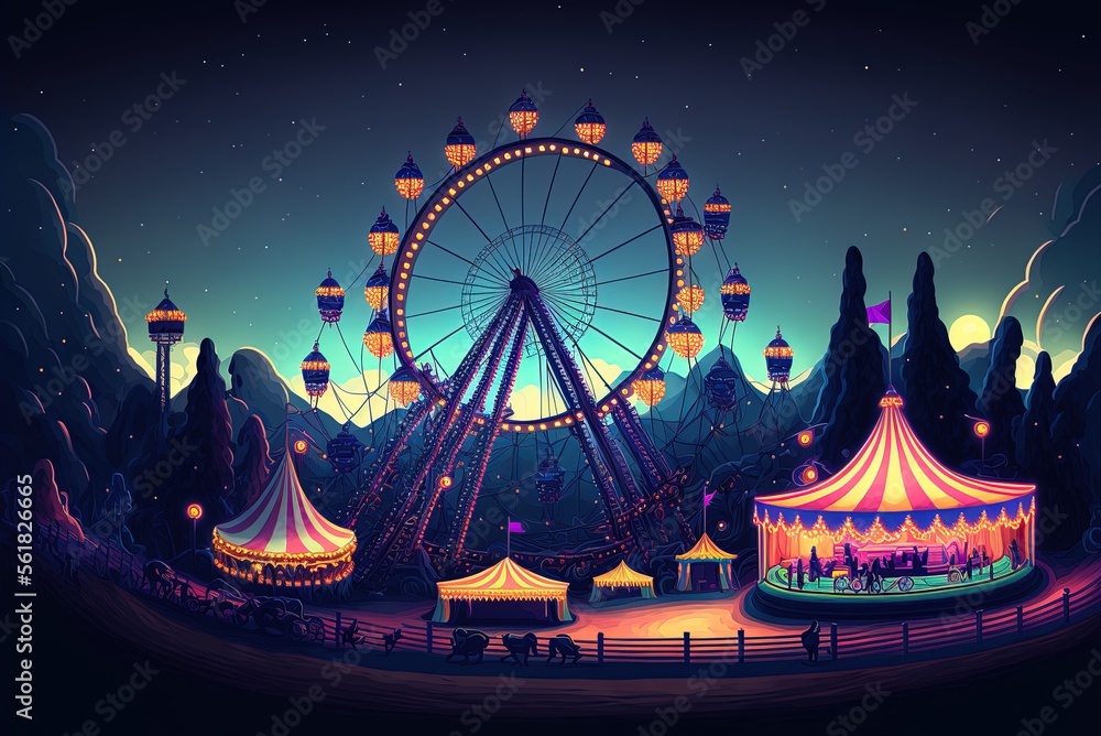 nighttime visit to a carnival or amusement park with animated rides ...