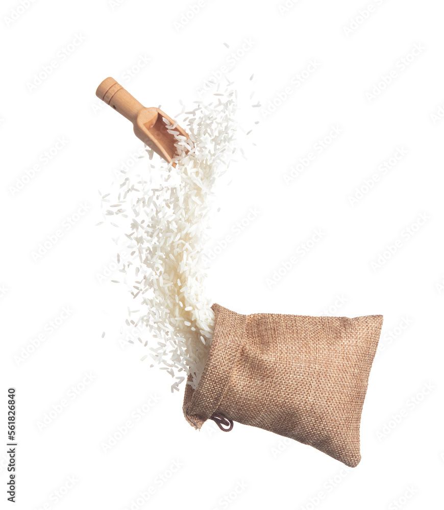 Japanese Rice in sack bag flying explosion, white grain rices fall ...