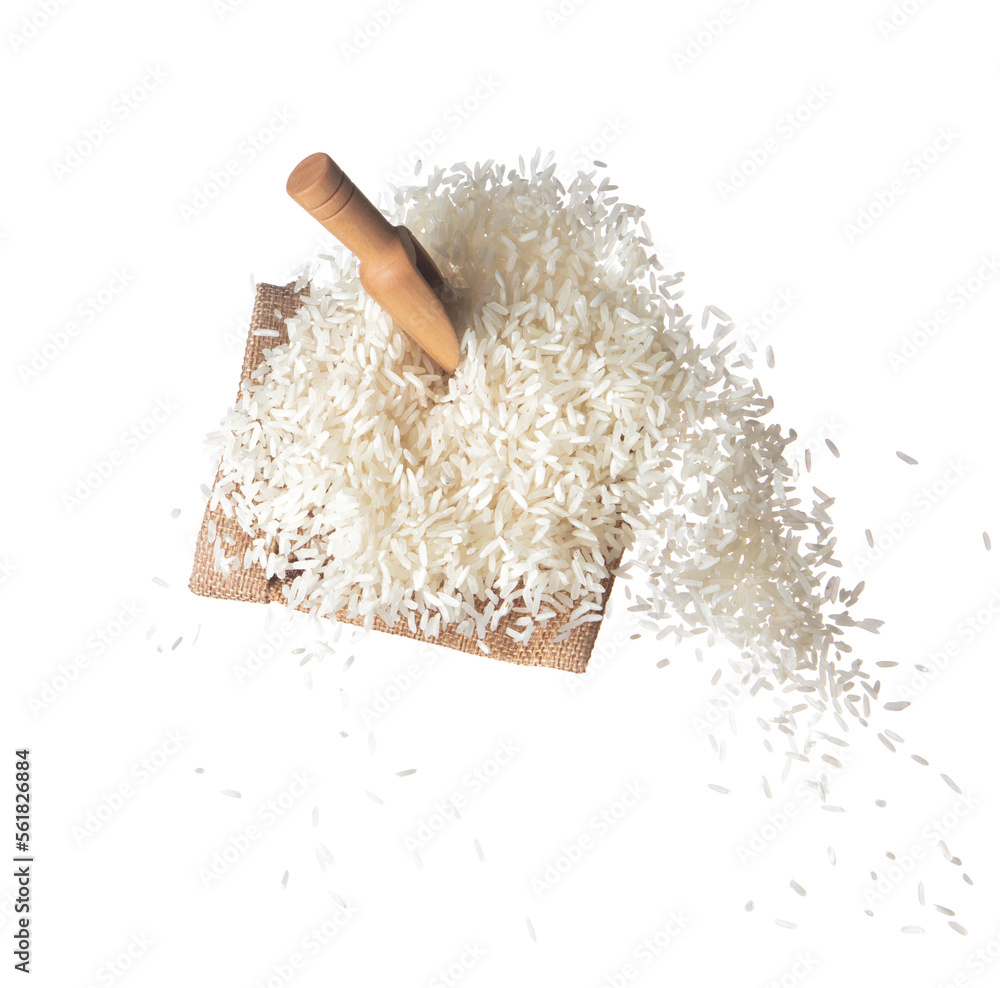 Japanese Rice in sack bag flying explosion, white grain rices fall ...