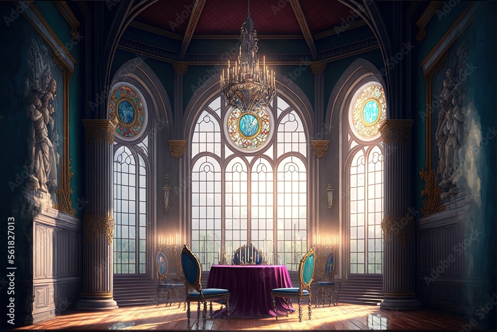 windowed castle hall. Ballroom decor includes a throne, table, and ...
