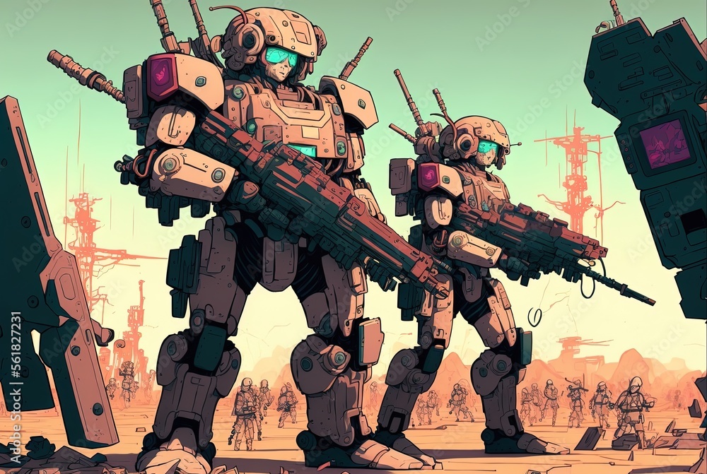 cartoon depicting robots and human troops outfitted with robotic ...