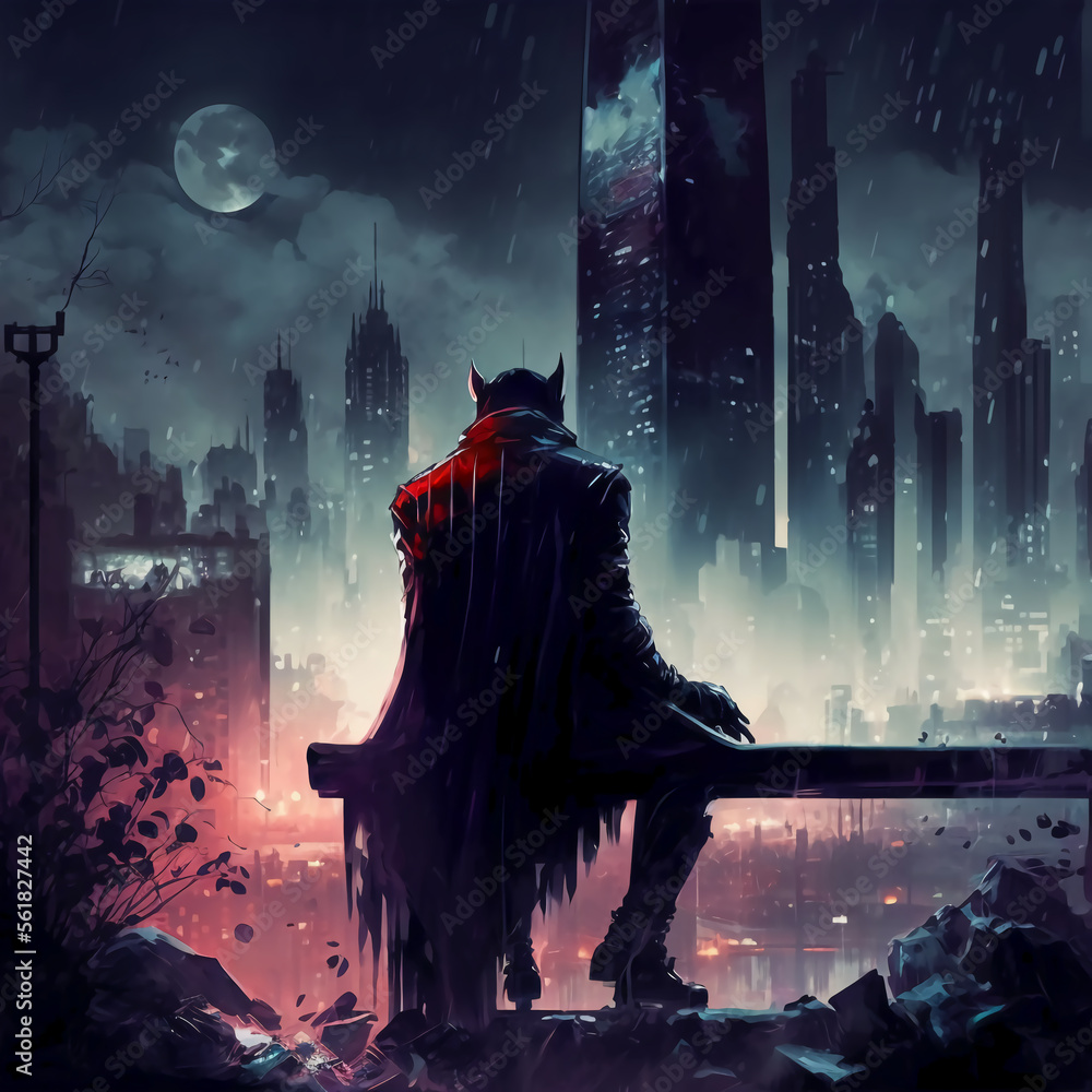 Vampire city on a bench watching a city or in front of a city Stock ...