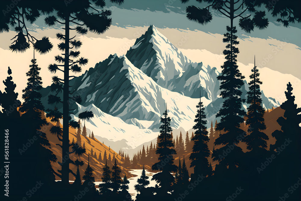 Illustrative drawing of a high mountain with trees and vegetation ...