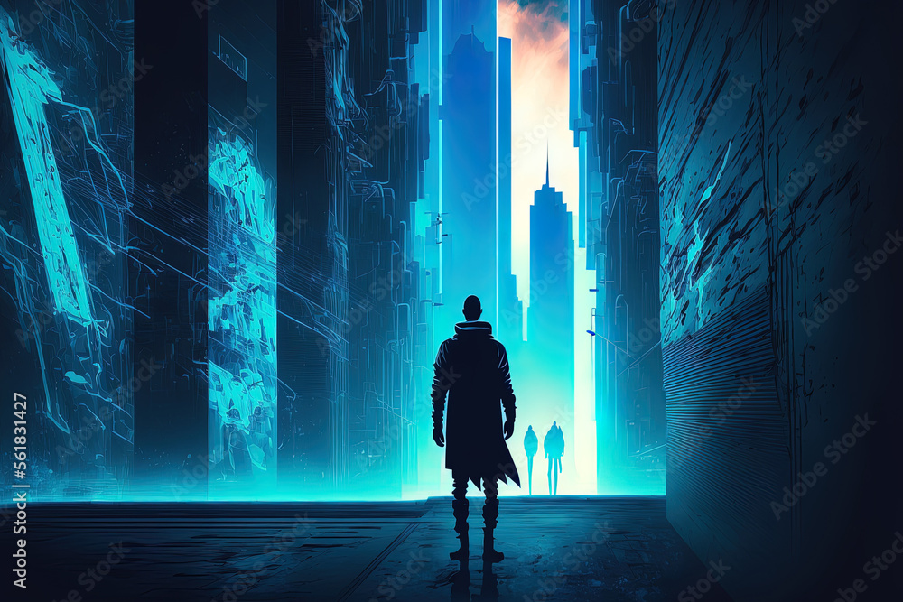 Man moving through a futuristic city. digital artwork of a desolate ...