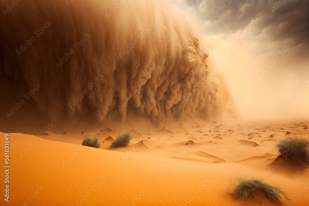 Illustrative painting of a strong sandstorm in the middle of a desert ...