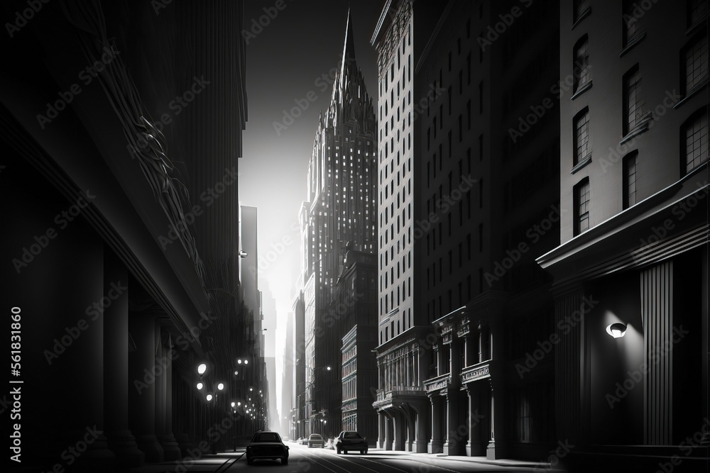 Noir city street with tall buildings on both sides. Private detective ...