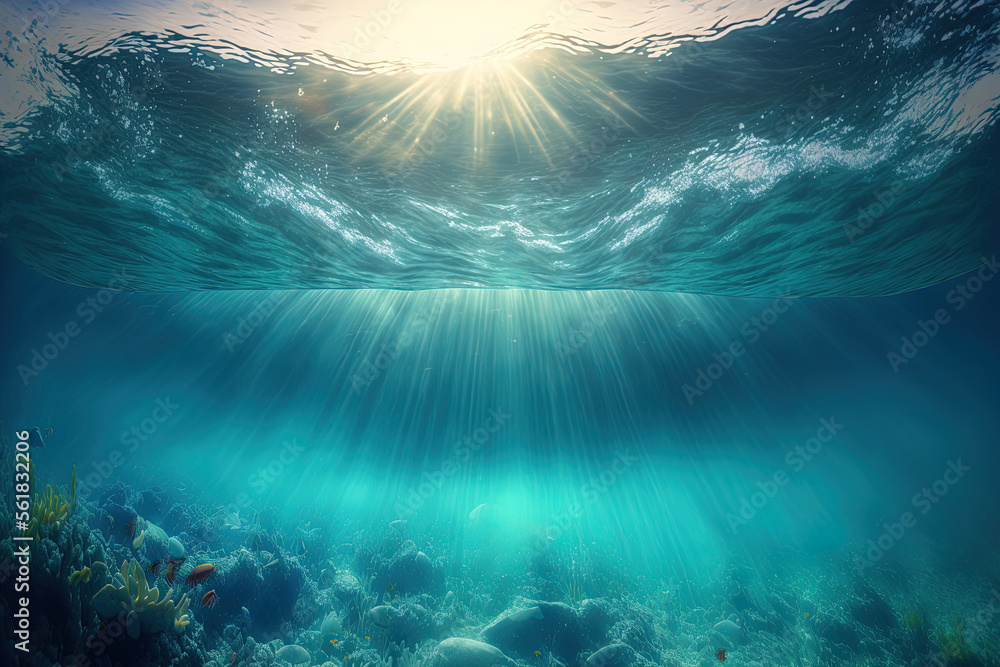 Summertime ocean under the surface in crystal clear water with a ...