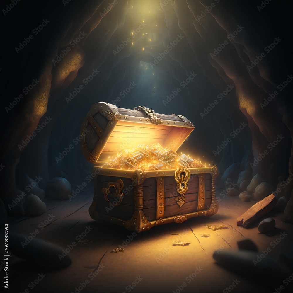 Pirate treasure in a wooden chest in a dark cave, cartoon style. AI ...