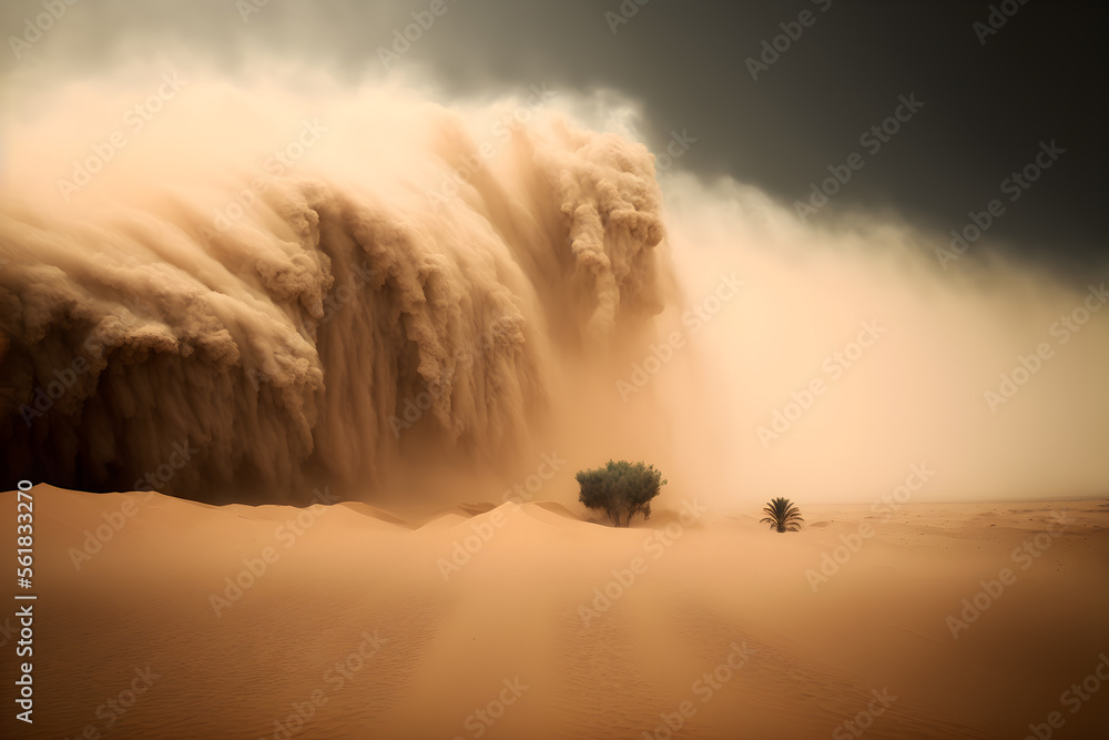 Illustrative painting of a strong sandstorm in the middle of a desert ...