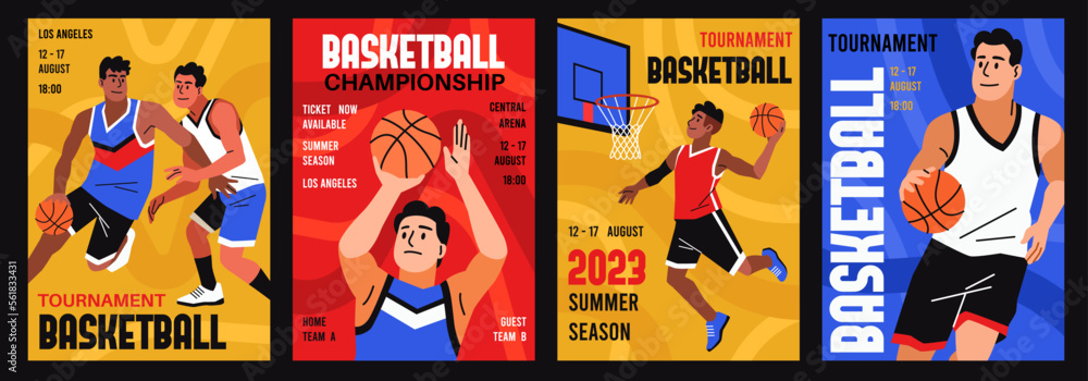 Basketball cards. Cartoon professional athletes in playing process ...