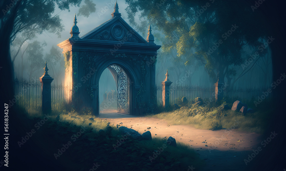 Medieval cemetery or sanctuary gates with stone buildings and arch in ...