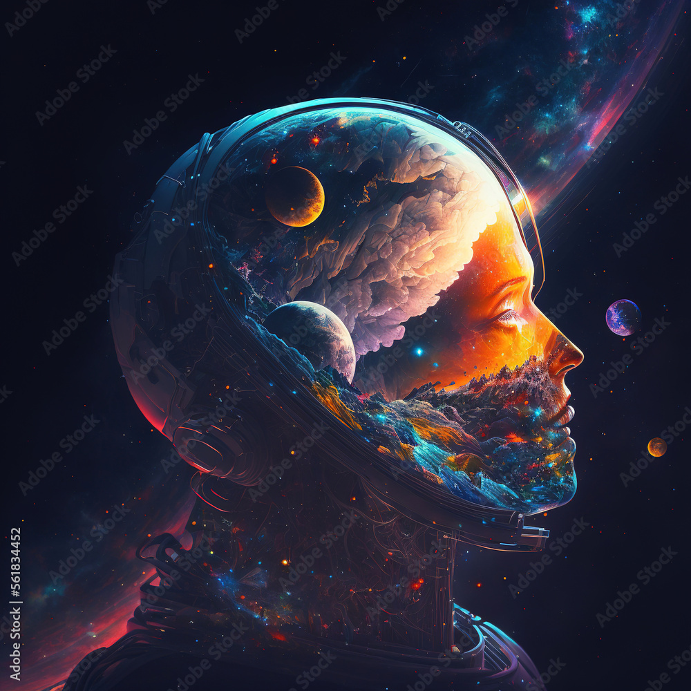 Silhouette of a human head in profile with the glow of planets of stars ...