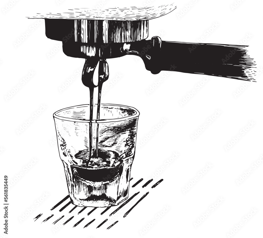 Hand drawing vector espresso illustration. Espresso pouring from coffee ...
