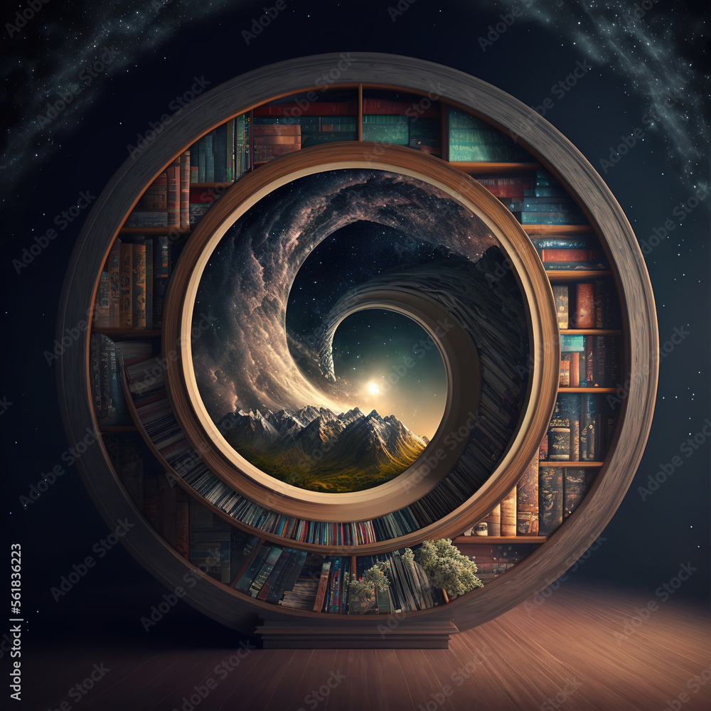 Surrealistic spiraling bookcase around a mountain landscape as a symbol ...