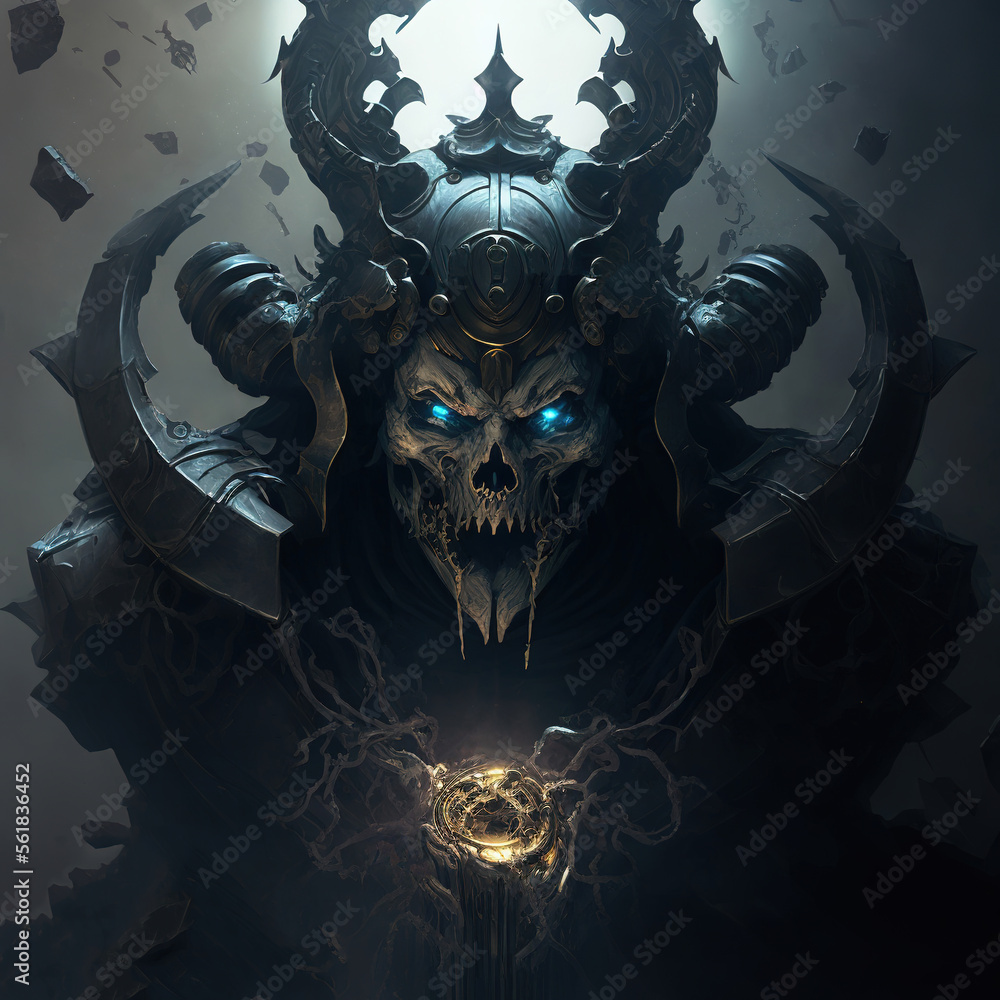 Evil skeleton or skull of a lich king with big horns and blue eyes in ...