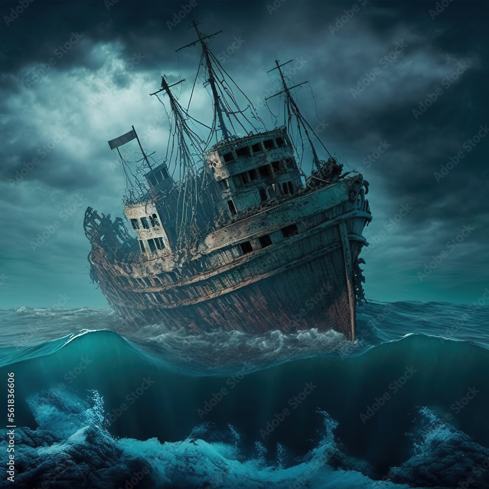 Abandoned big ghost ship or tourist cruise in the ocean, General Art ...