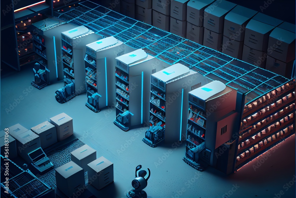 A futuristic technology of a smart warehouse with automated robots ...