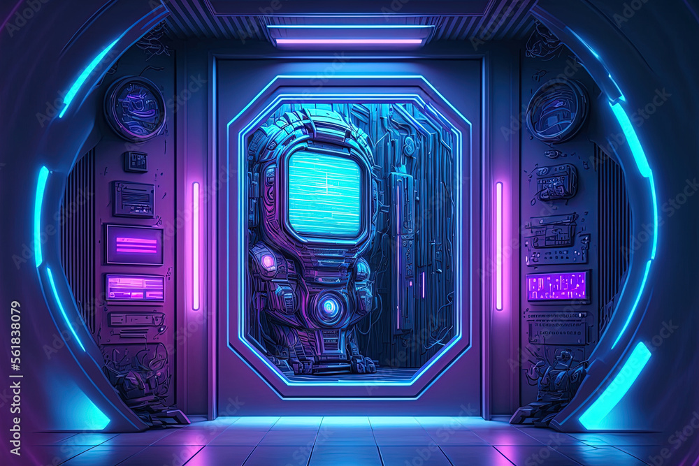 neon in the spaceship hull futuristic dazzling blue purple background ...
