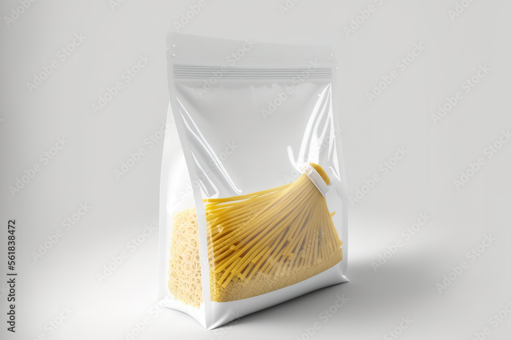 Package of spaghetti pasta in a clear plastic bag, isolated on a white ...