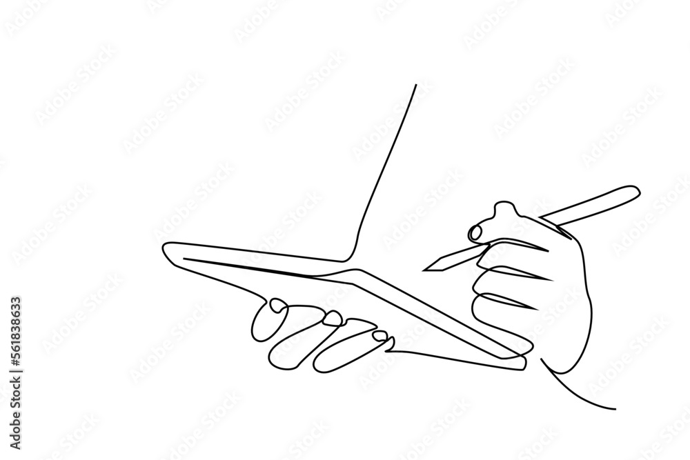 one human hand arm pen keep note taking tablet paper line drawing Stock ...