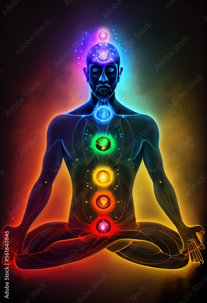 7 chakras concept, man or woman in lotos position with seven chakras on ...