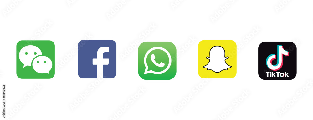 Facebook, Whatsapp, Tiktok, Wechat, Snapchat, logo set, Vector ...