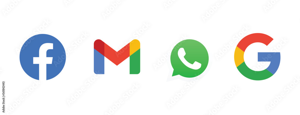 Facebook, WhatsApp, Google, logo set, Gmail, Vector editorial illustration. Stock-Vektorgrafik ...