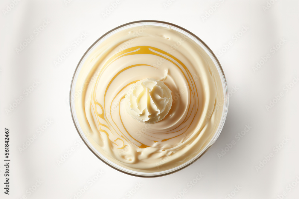 Glass of vanilla milkshake, top view, isolated on white background ...
