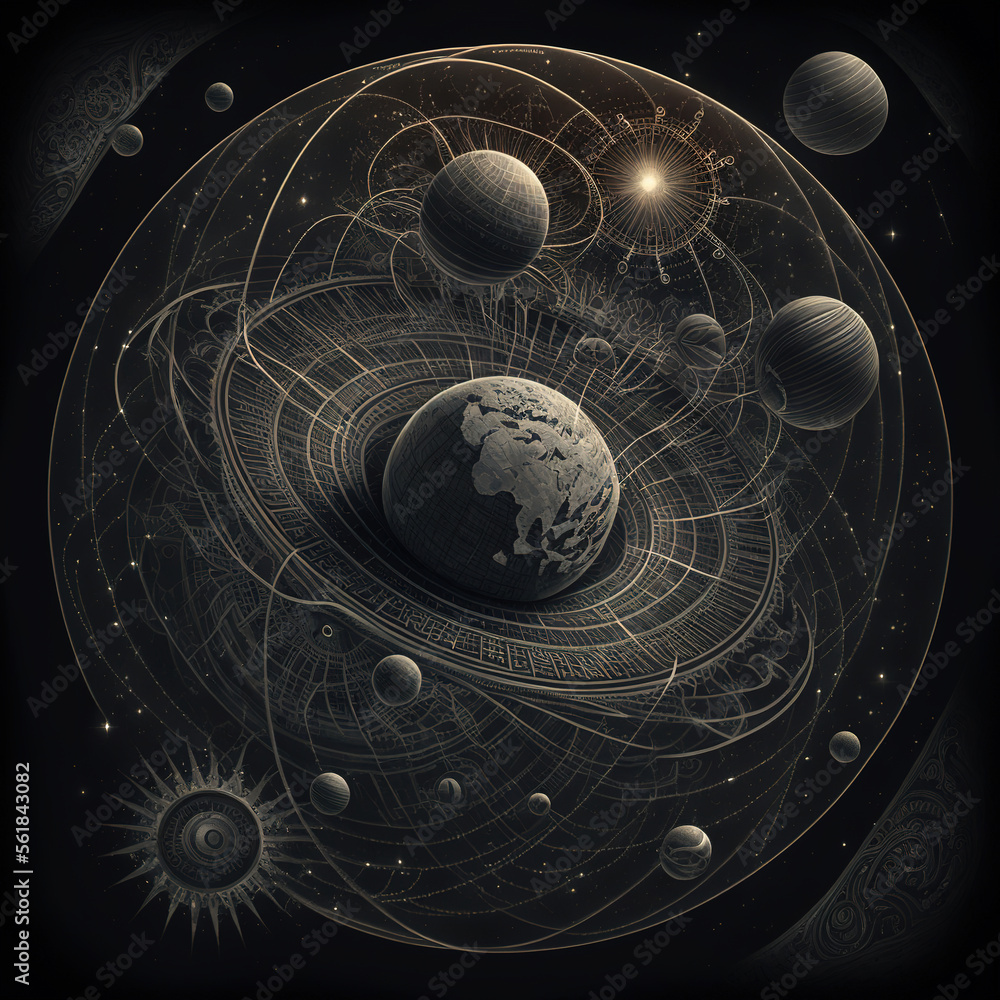 Geometric drawing of the orbits of the planets on black paper for ...