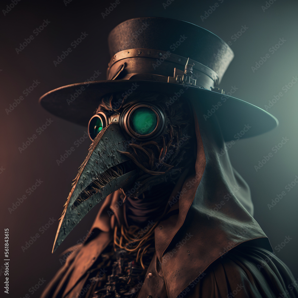 Plague doctor in the black hat as a gothic supervillain, ai art Stock ...
