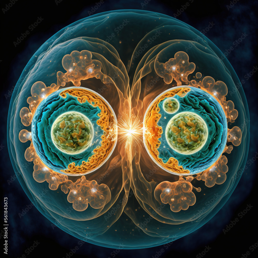 Fertilized ovum with two nuclei in the form of dividing cells ...