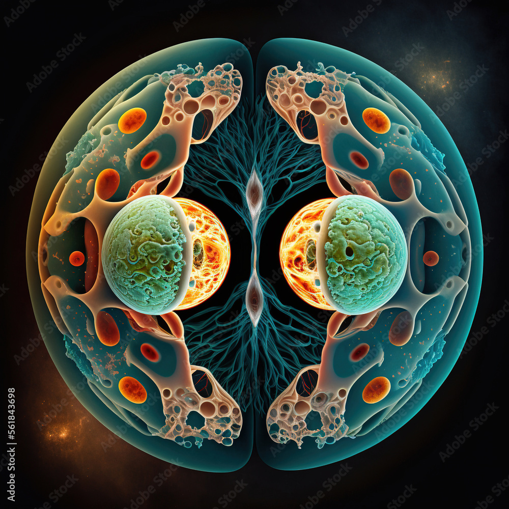 Fertilized ovum with two nuclei in the form of dividing cells ...