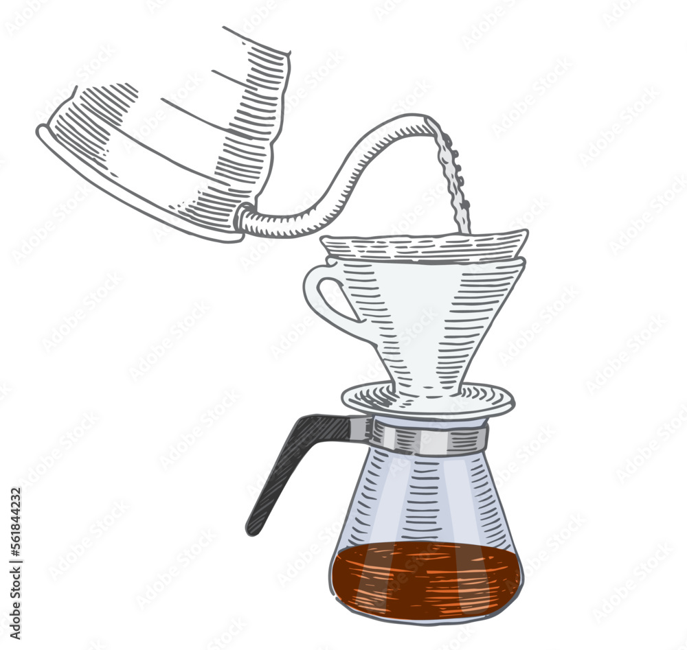 V60 dripper brewing filter coffee. Hand drawn vector illustration ...