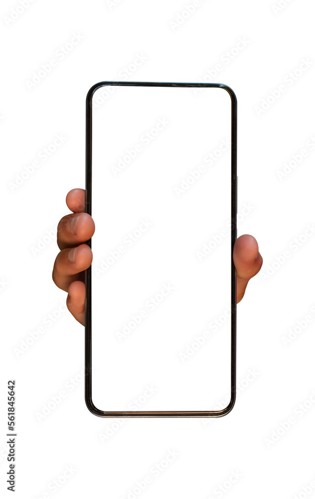 Hand holding mobile phone with blank screen isolated on transparent ...