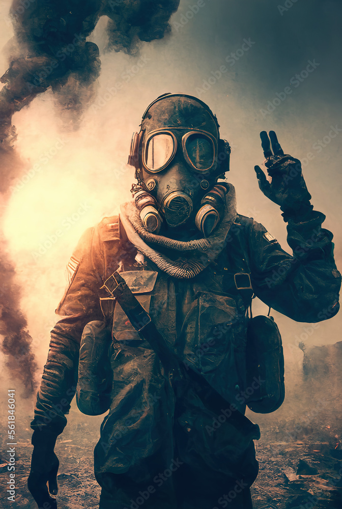 World War II soldier in mask and armour raises his hand on the ...