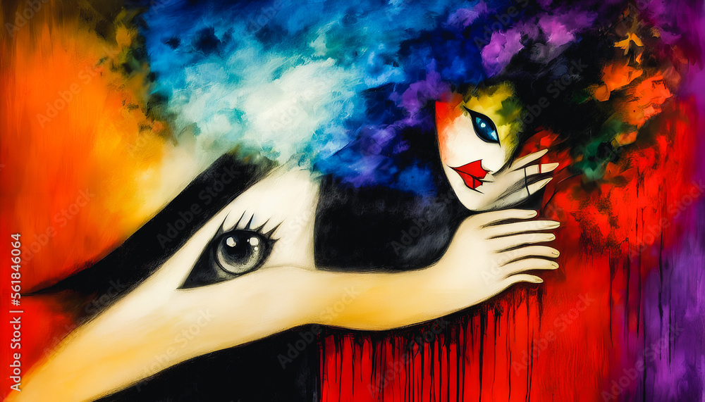 A surrealist expressionist painting in bold colors, depicting a ...