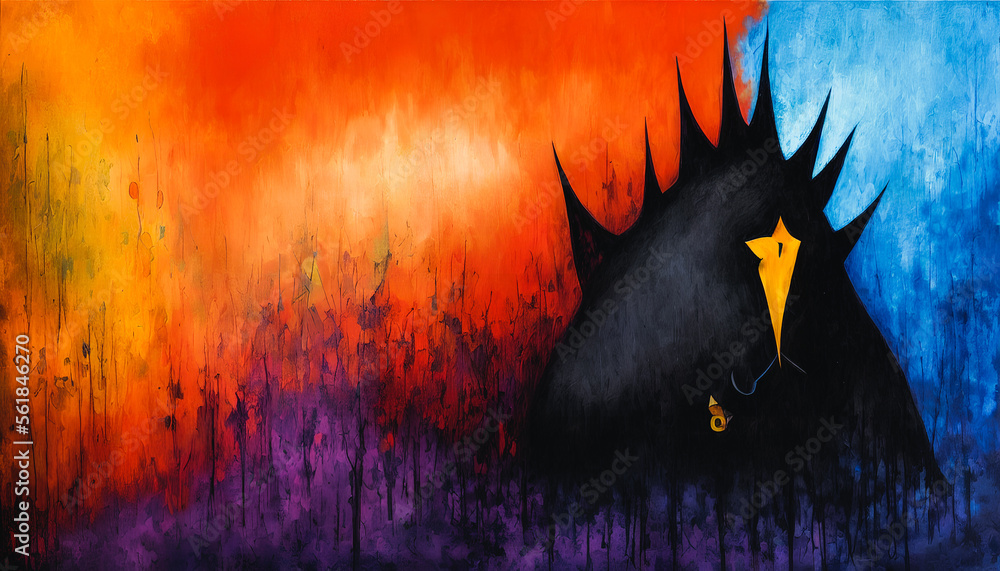 A surrealist expressionist painting in bold colors, depicting a ...